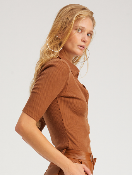 Chestnut Rib Mid Sleeve Polo Top – Amy Atelier
